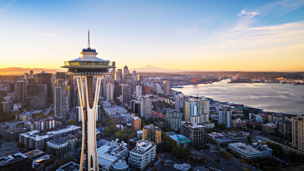 Seattle Cityscape Skyline with the Space Needle Tower in Washington ...