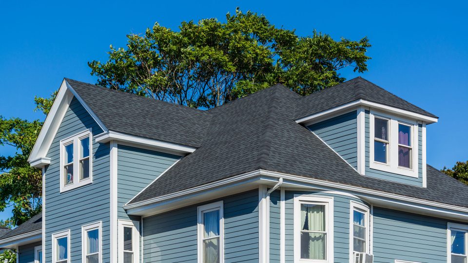 Family House with Blue Siding and White Trim with an Asphalt Shingles ...